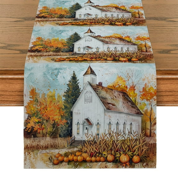 Church Painting Table Runner Dining Table Cloth r for Kitchen Holiday ...