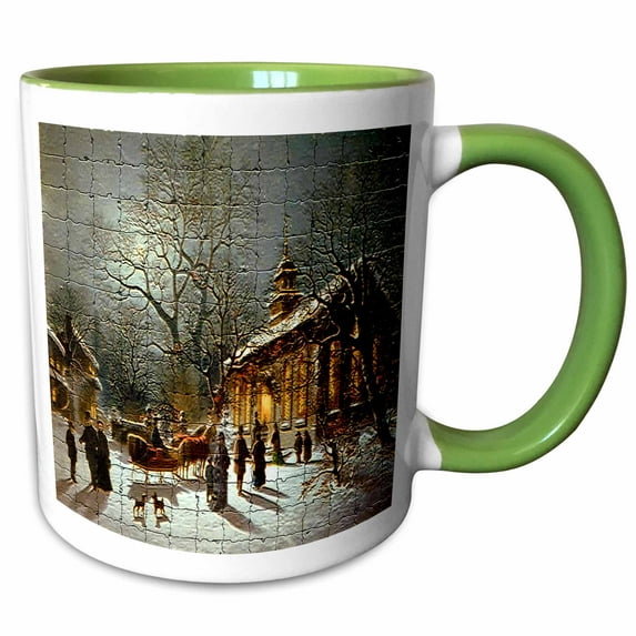 3drose, Church, Snow, Horse Drawn Carriage, Dogs and People, 15oz Two ...