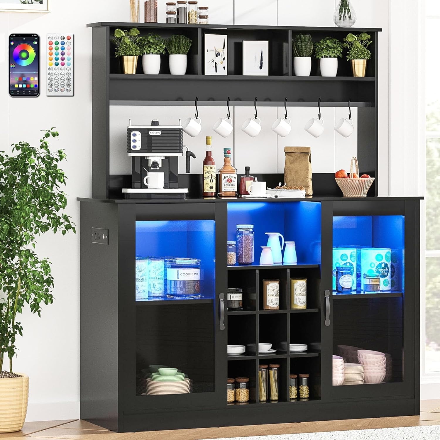 "Chvans Farmhouse 58"" Black Bar Cabinet - LED Lights & Outlet, Wine ...