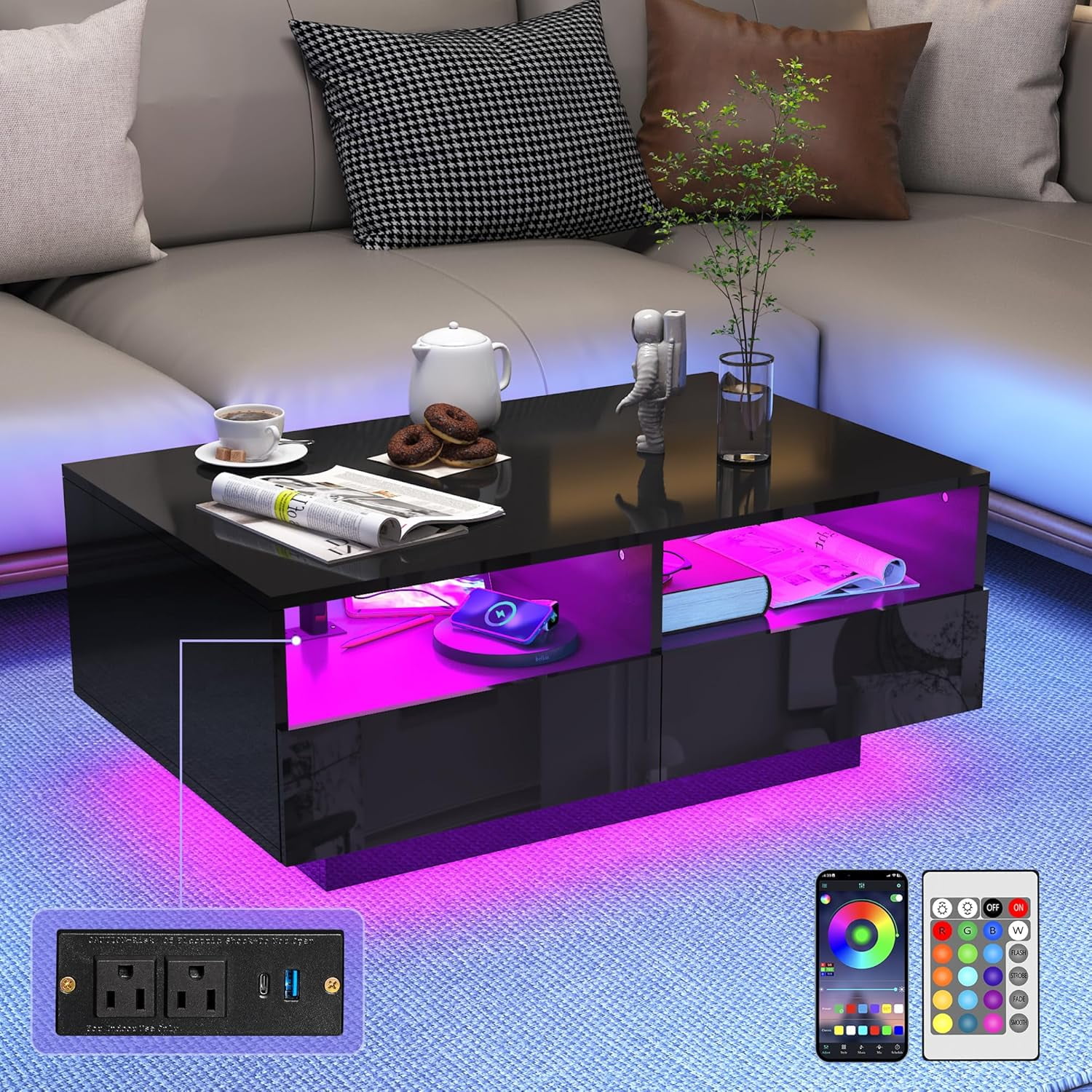 Chvans High Glossy LED Coffee Table with 4 Storage Drawers, 16 Colors ...