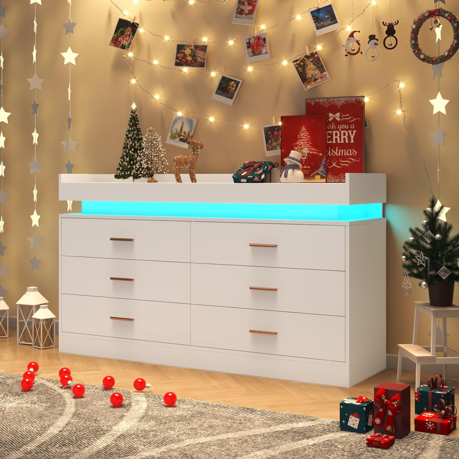 "Chvans White Dresser with LED Light, 6 Drawer Waterproof Storage ...