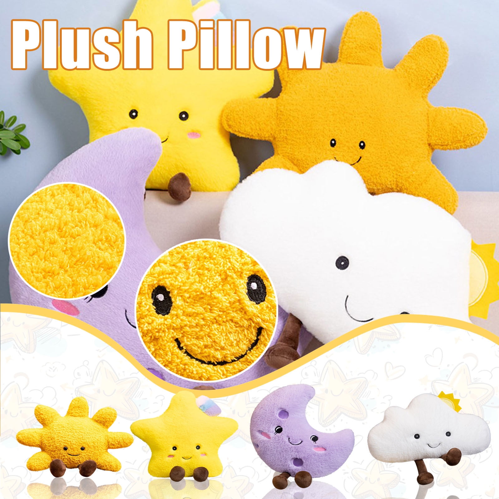 CiDai Sun Shaped Plush Pillow, Smiling Fun Filled Sun, Stars, Moon ...