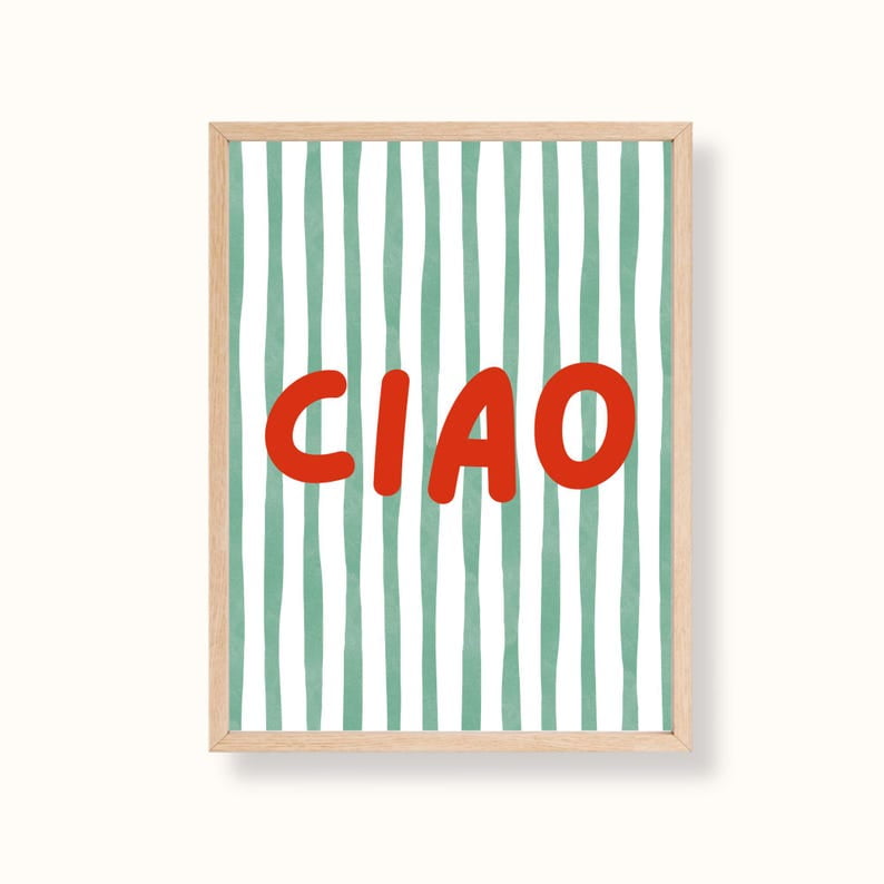 Ciao Striped Print Sage Green Wall Art Cute Preppy Poster Italian ...