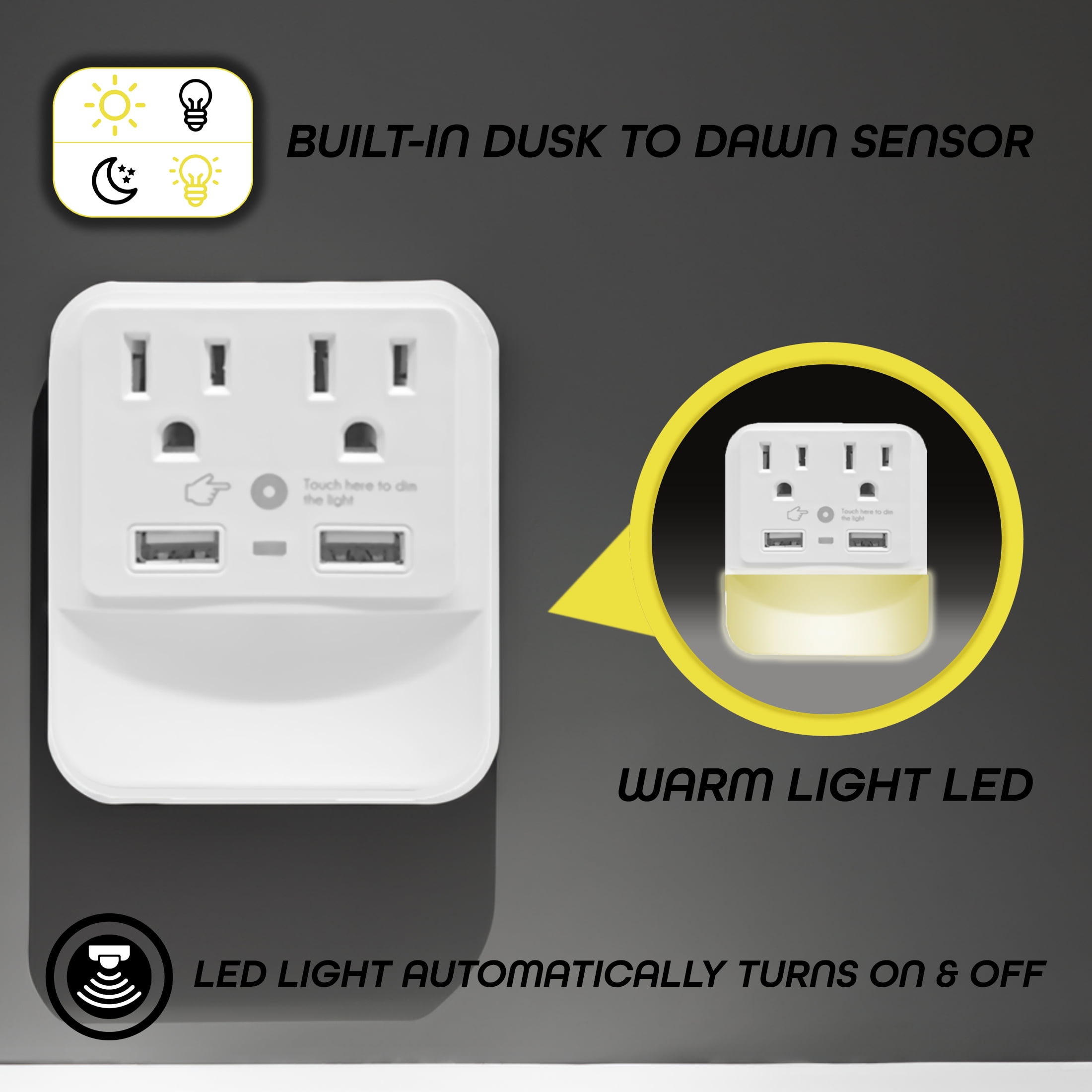 Ciao Tech 2 Outlet & 2 USB Wall Tap Power Adapter, LED Night Light, 540 ...