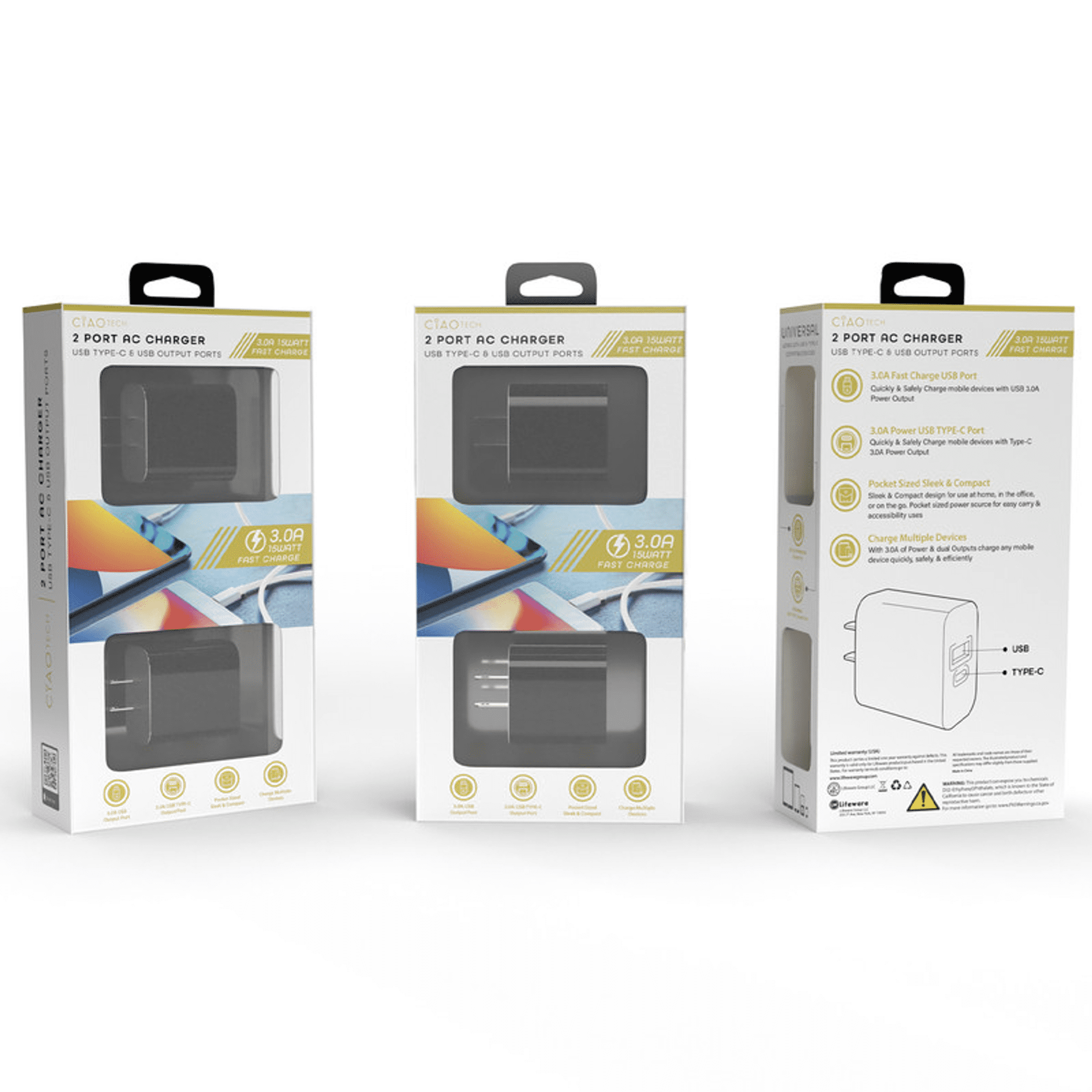 Ciao Tech 2 pack Dual port AC charger - Type C & USB -Black - Walmart.com