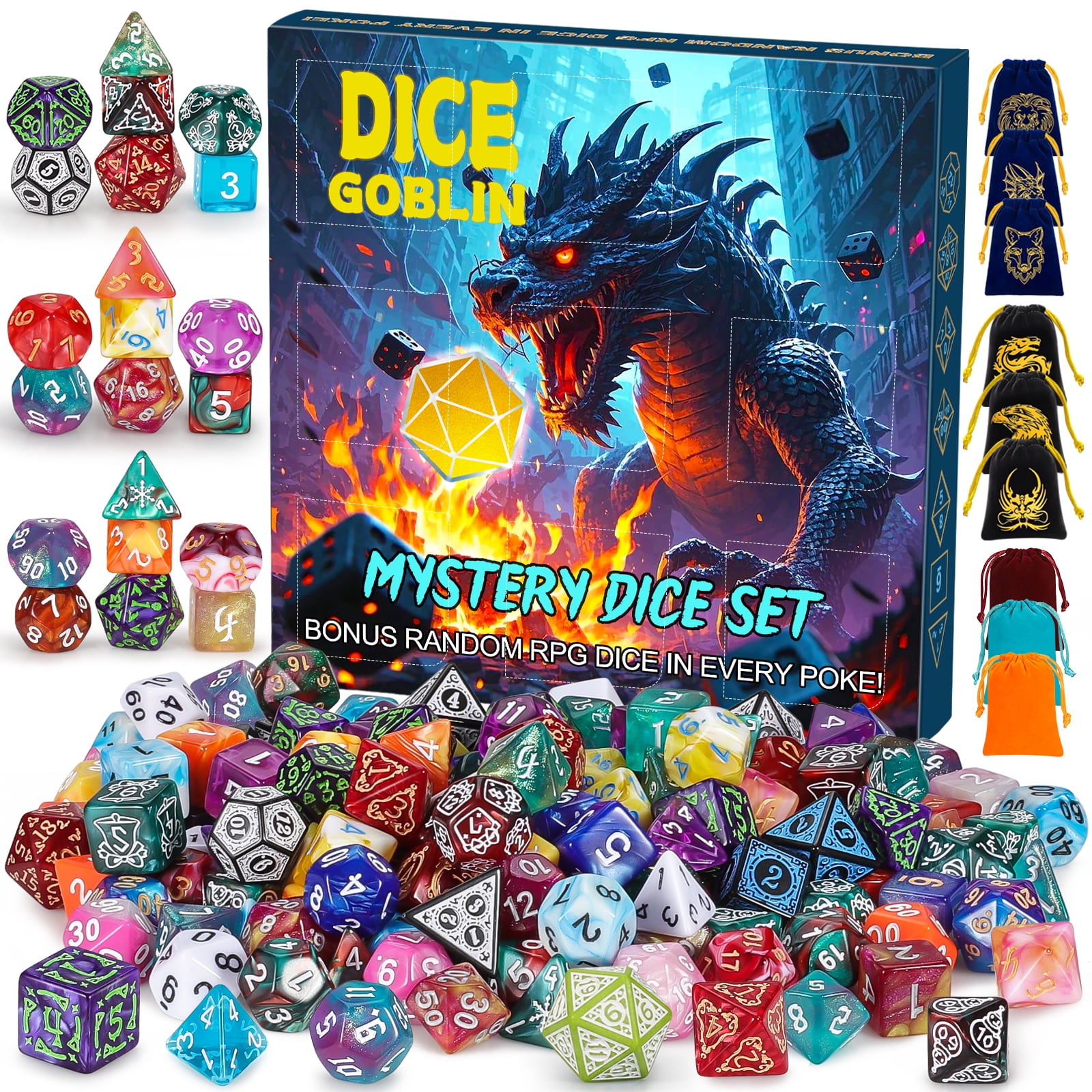 CiaraQ DND Dice - 63pcs Polyhedral Dices, Random 9 Complete Dice Sets with 9 Mystery Bags, Wide ...