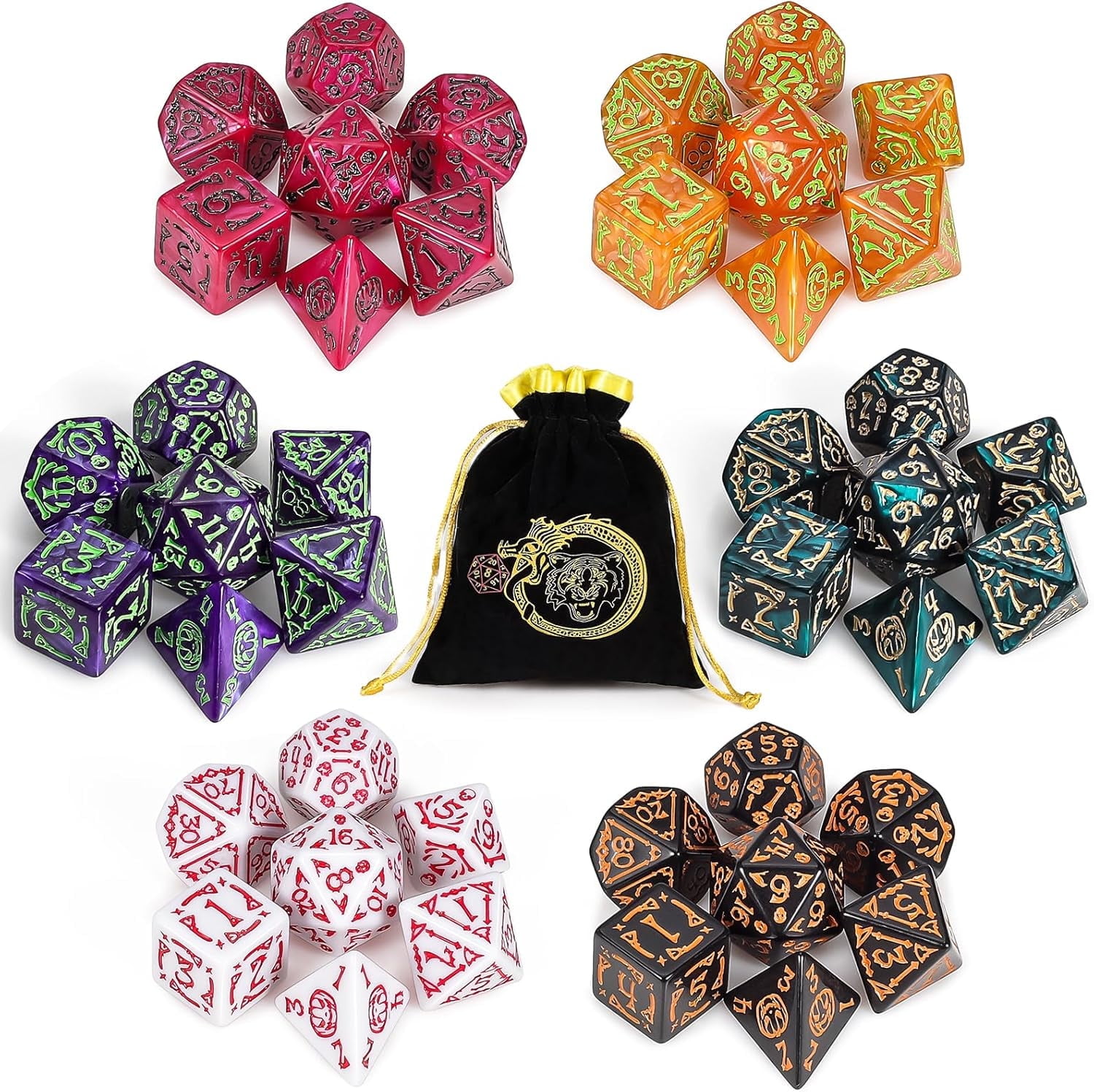 CiaraQ DND Polyhedral Dice Set (42pcs) with A Gold Pattern Drawstring ...