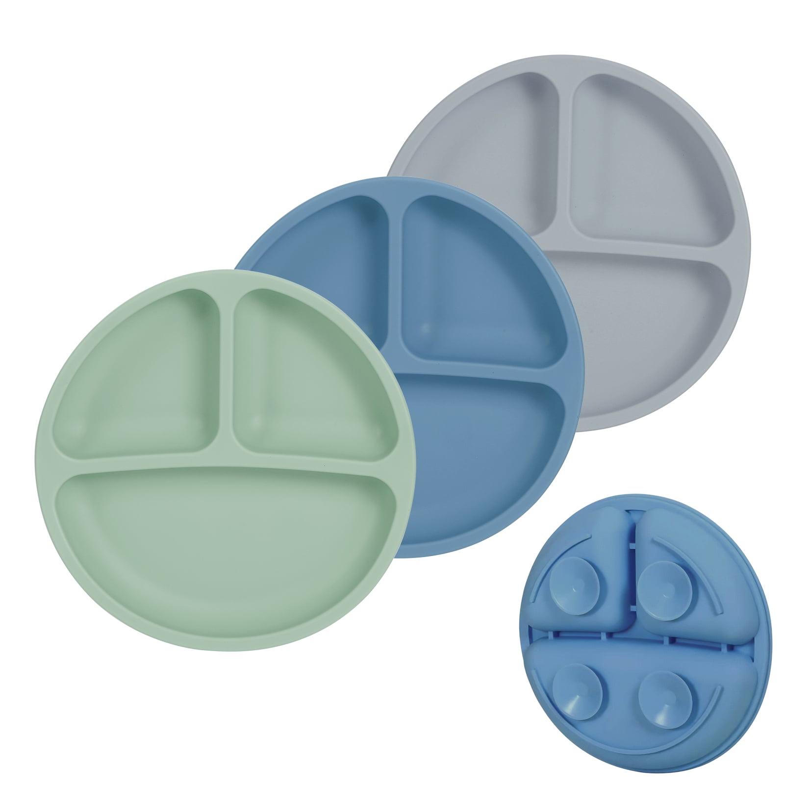 Cibeat 3-Pack BPA-Free Silicone Toddler Plates with Suction (Gray/Blue ...