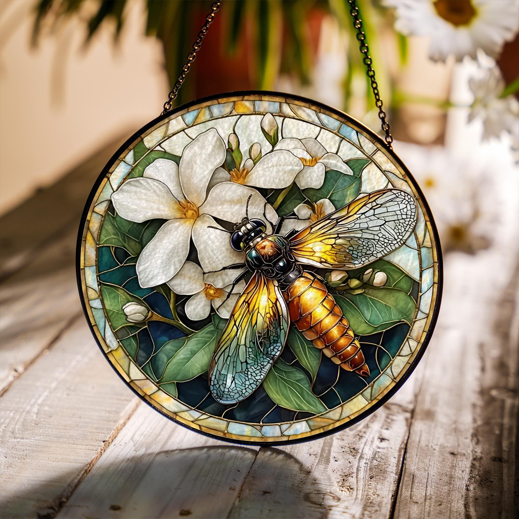 Cicada & Plumeria Stained Glass Suncatcher, Floral Window Hanging Decor ...