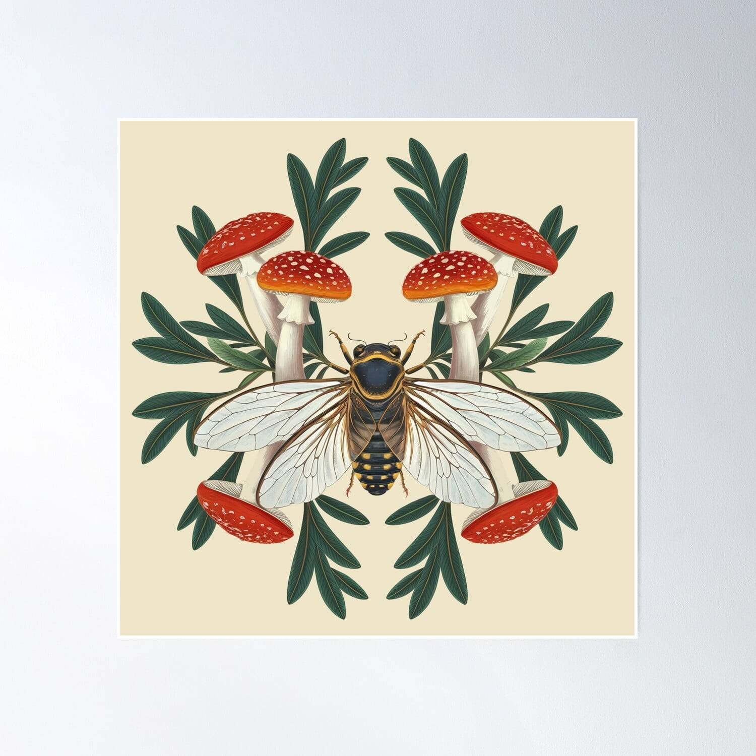 Cicada And Red Amanita Mushrooms - Botanical Retro Vintage Illustration ...