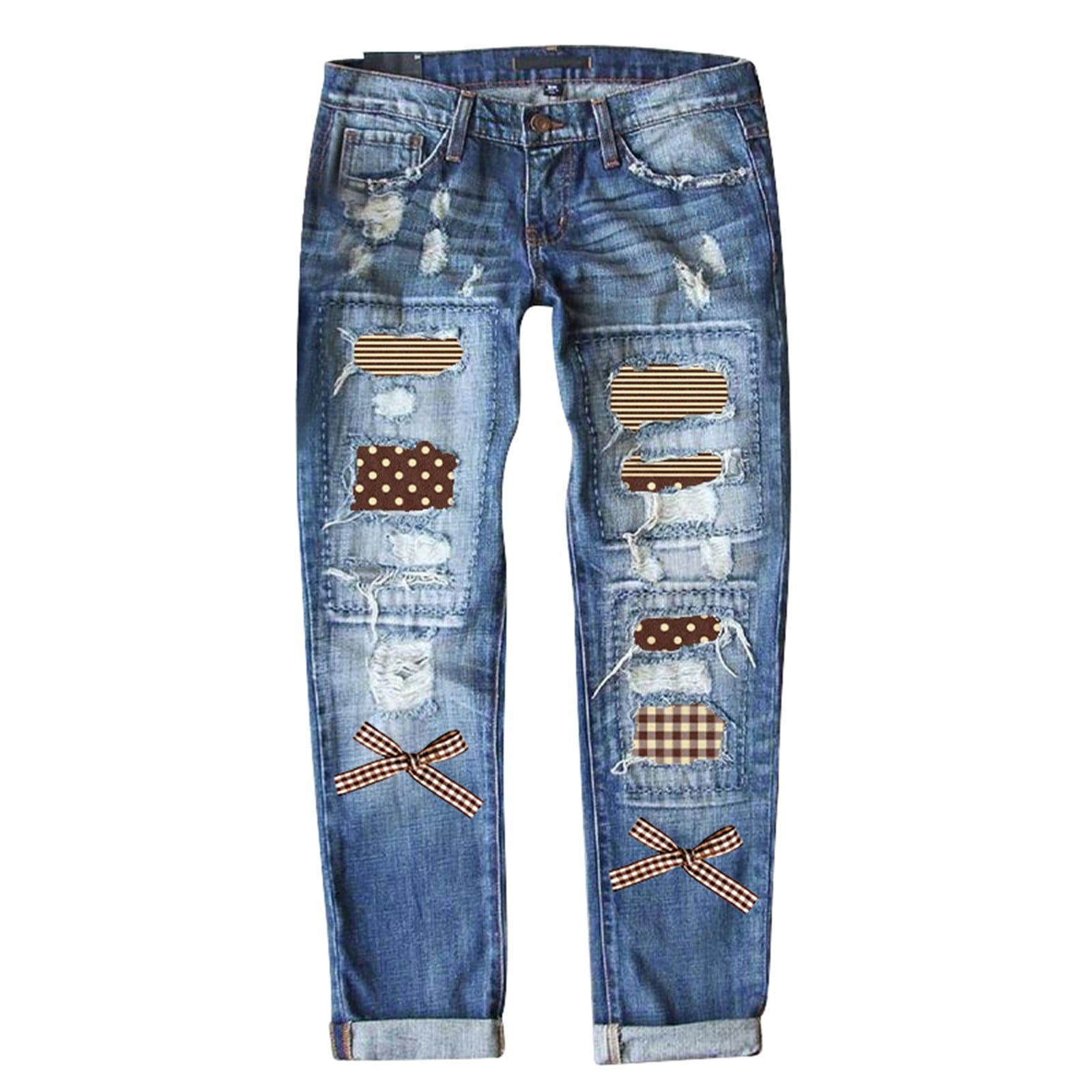 Cicy Bell Womens Baggy Jeans Trendy Floral Print with Ripped Patchwork ...