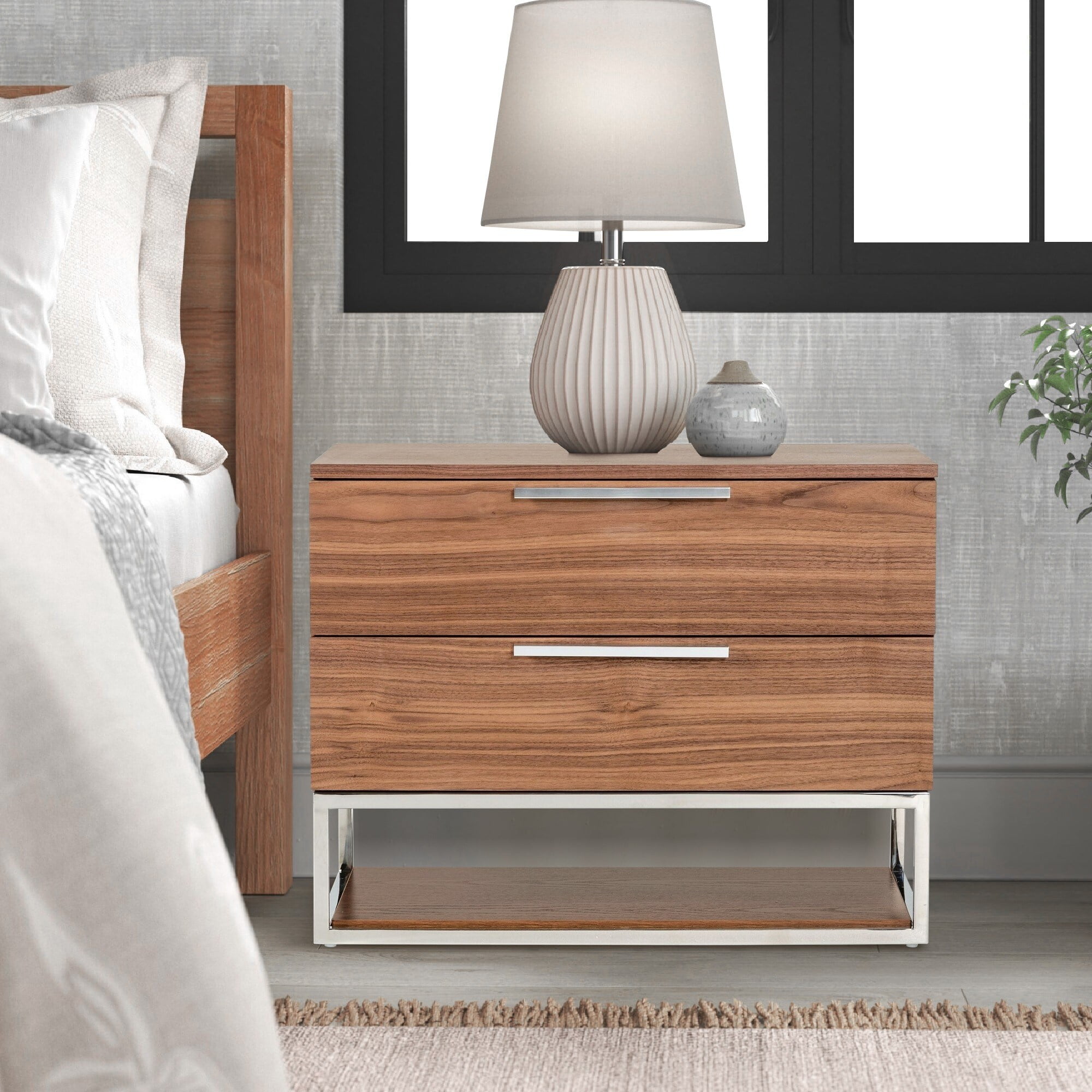 Cid 30 Inch Modern Nightstand, 2 Drawers, Steel Open Frame, Walnut ...