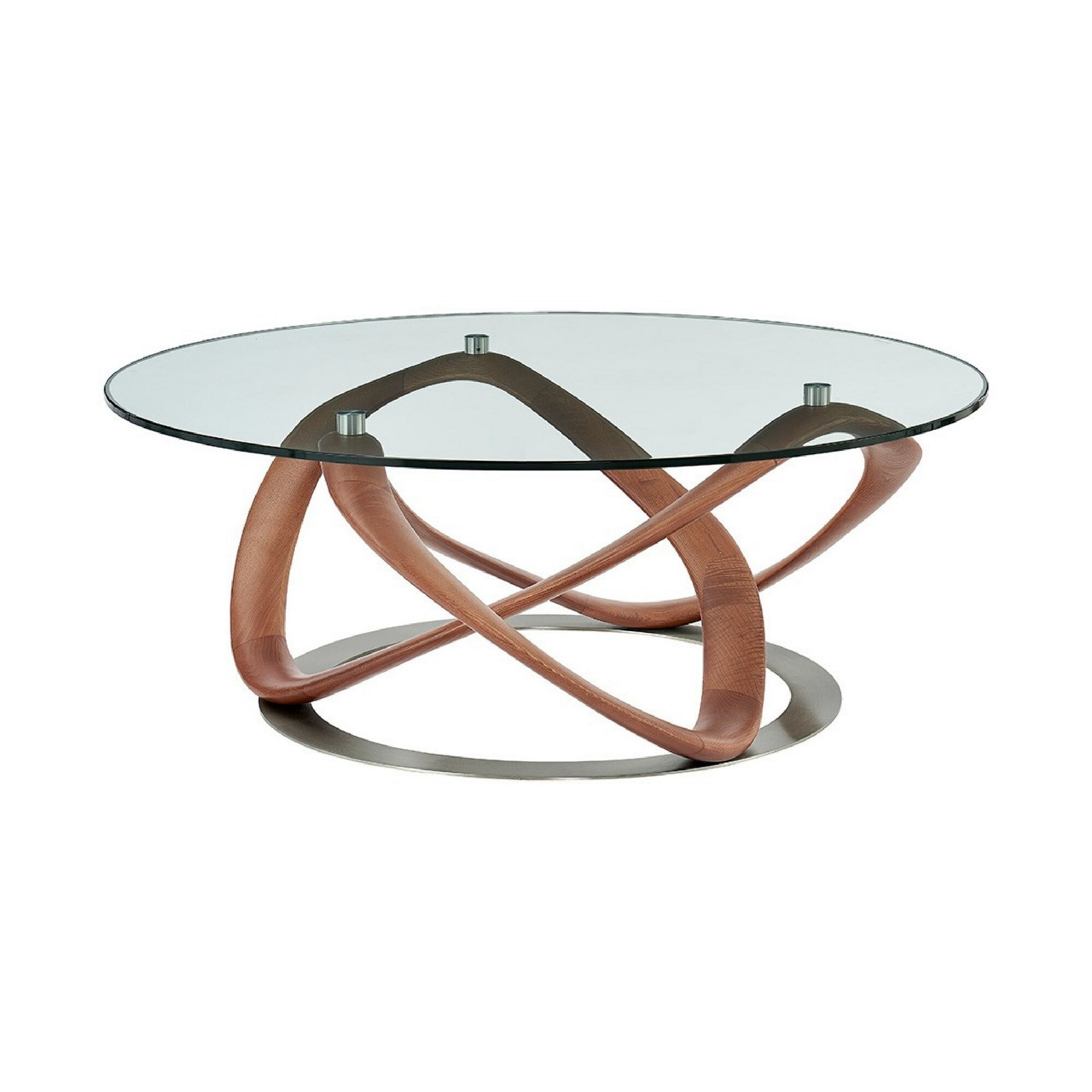 Cid 39 Inch Modern Wood Coffee Table, Round Glass Top, Steel Base ...