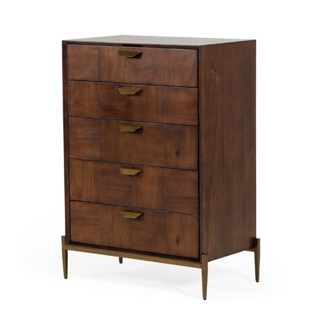 Cid 45 Inch Modern Tall Tuscany Dresser Chest, 5 Drawers, Brass, Brown ...