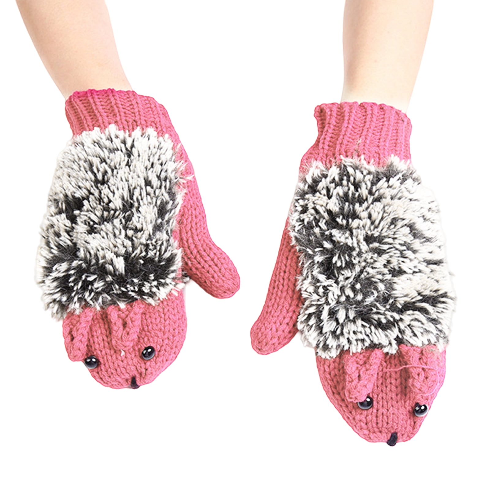 Cieatiam Double Layer Winter Thicken Warm Knit Mittens Cartoon Hedgehog ...