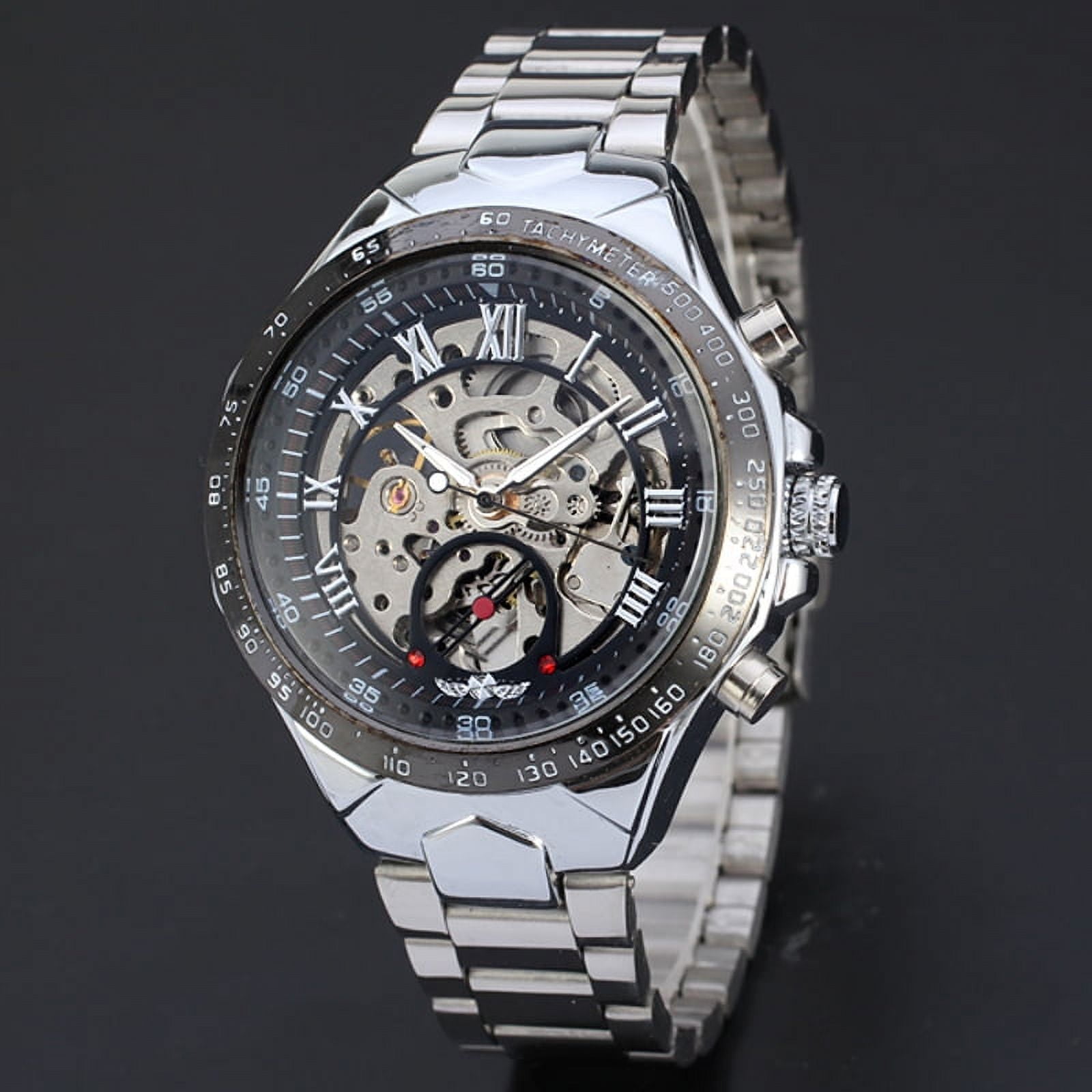 Cieatiam New Skeleton Automatic Watches For Men Silver Stainless Steel ...