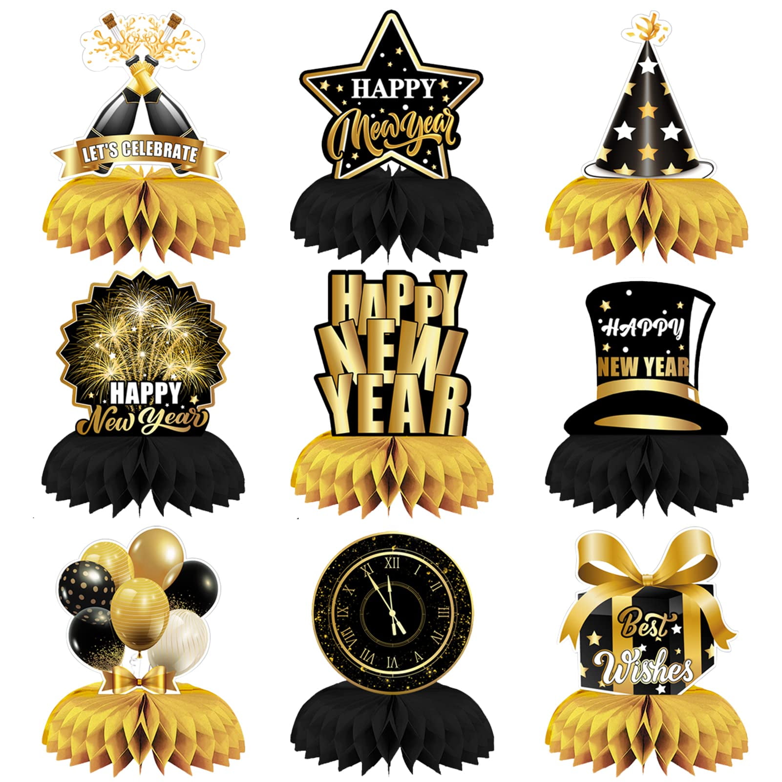 Cieovo 9 Pieces New Year Honeycomb Centerpieces Decorations, 3D Happy ...
