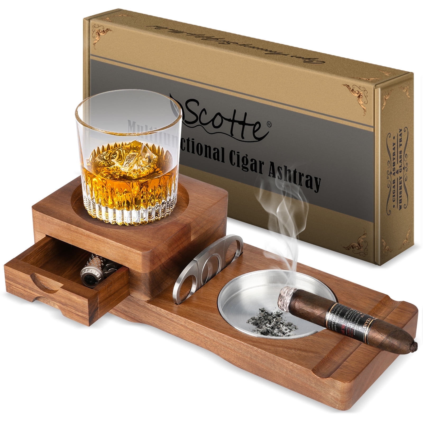 Cigar Ashtray Wood Coaster Whiskey Glass Tray Desktop Decorative ...