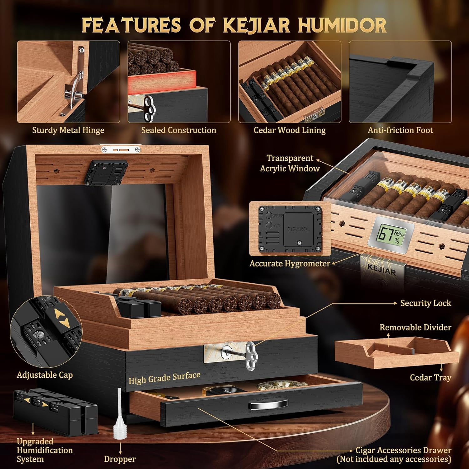 Cigar Humidor Cedar Wood Lined for 45-60 Cigars, Acrylic Top with Lock ...