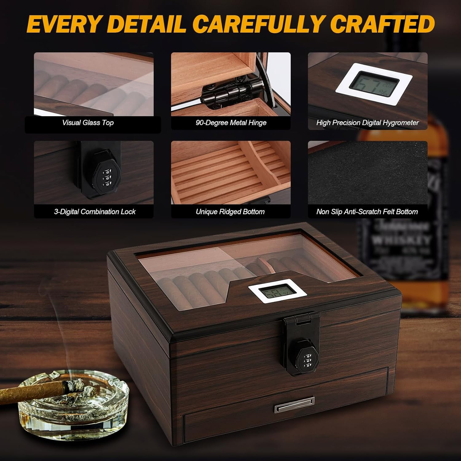 Cigar Humidor and Cigar Lighter Kit, Cedar Wood Cigar Case with Digital ...