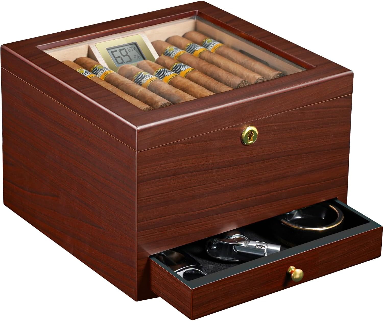 Cigar Humidor with Lock, Air Circulation System, up to 70 Cigars ...