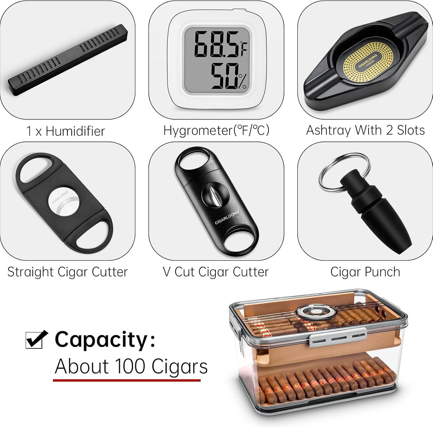 Cigar Humidor Set with Hygrometer and Humidifier, Cigar Box Includes 2 ...