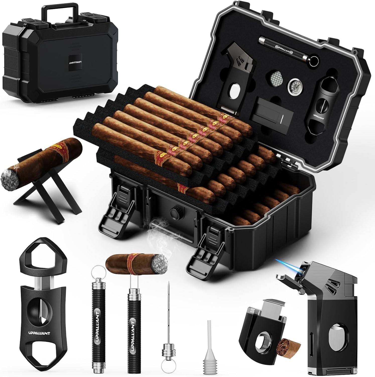 Cigar Humidor Set with 5-in-1 Lighter, V Cutter, Holder, Draw Enhancer ...