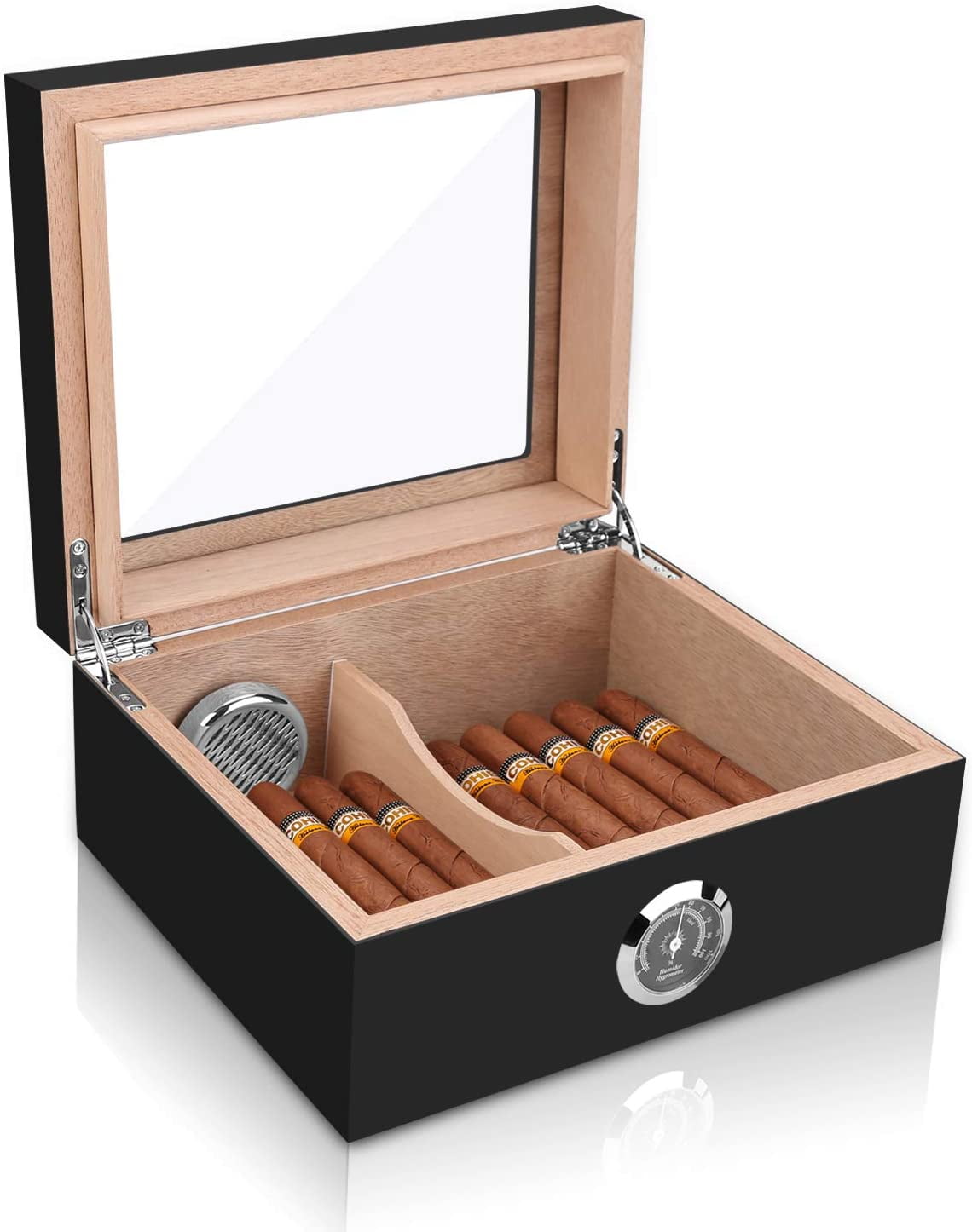 Cigar Humidor, Spanish Cedar Wood Cigar Desktop Box, Glass Top for 25 ...