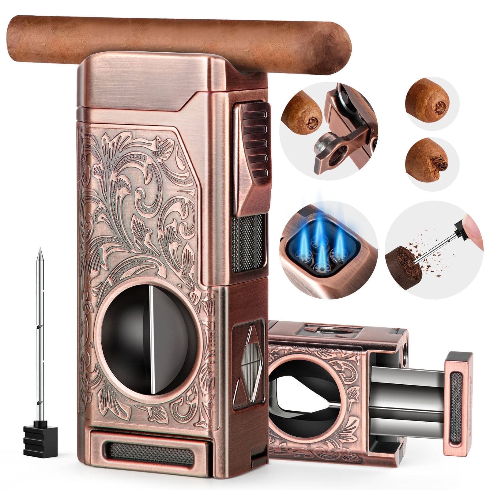 Cigar Torch Lighter, 4 Jet Flame Cigar Lighter with Cigar Cutter V Cut ...