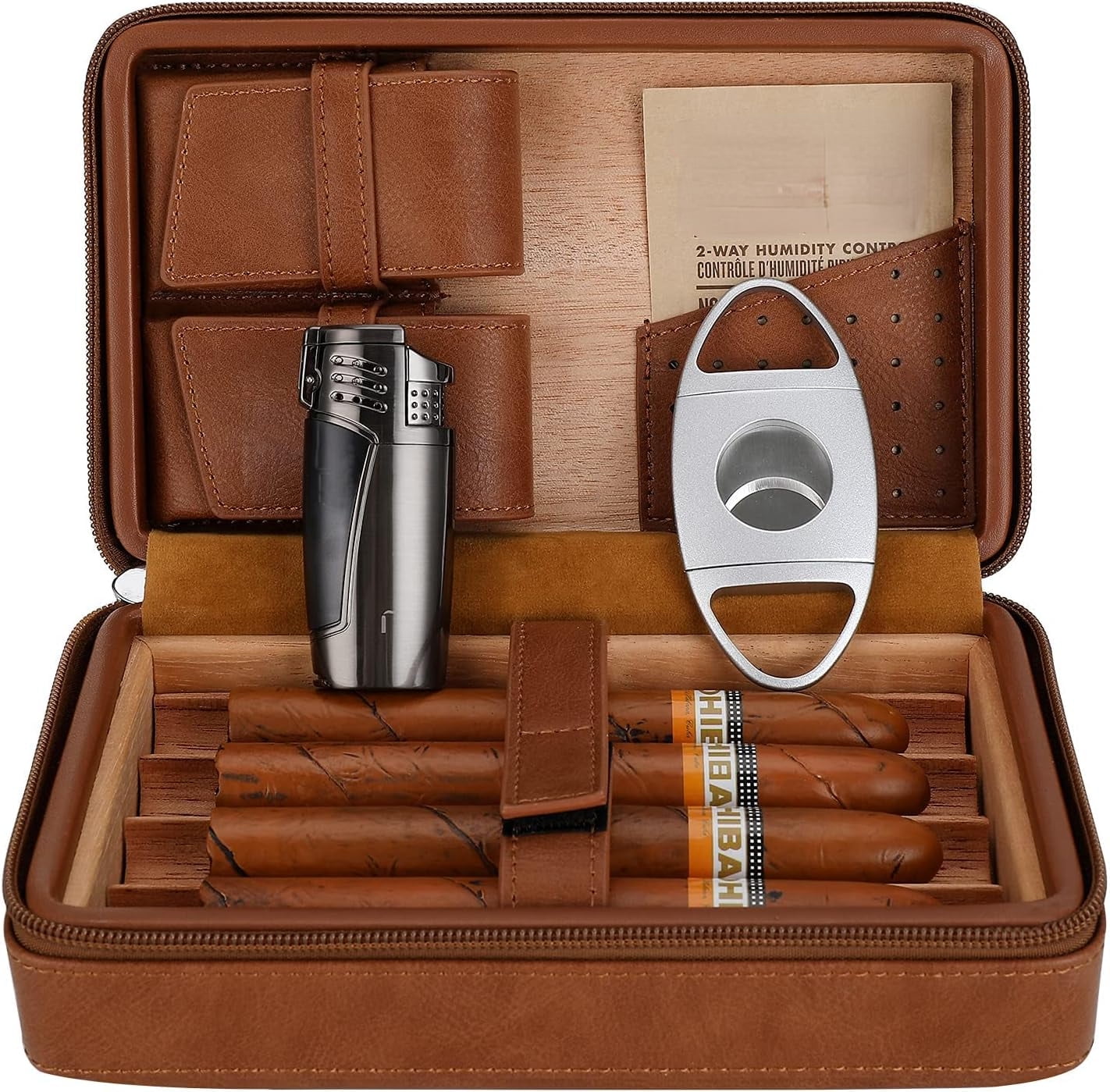 Cigar Travel Humidor, Cedar Wood Leather Cigar Case with Cigar ...