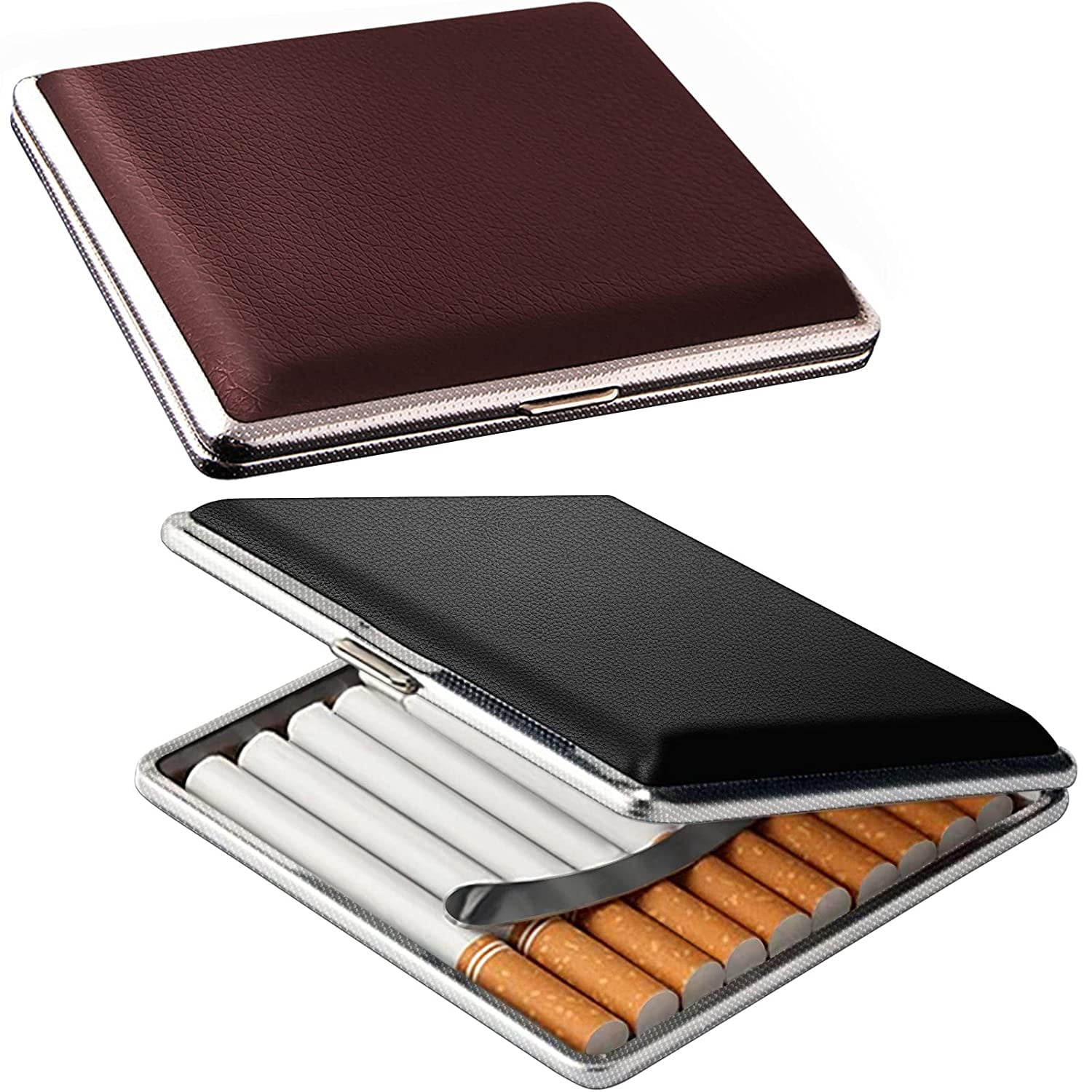 Cigarette Case, Metal with Leather Surface, 20 Capacity - 2 Pack (Black ...