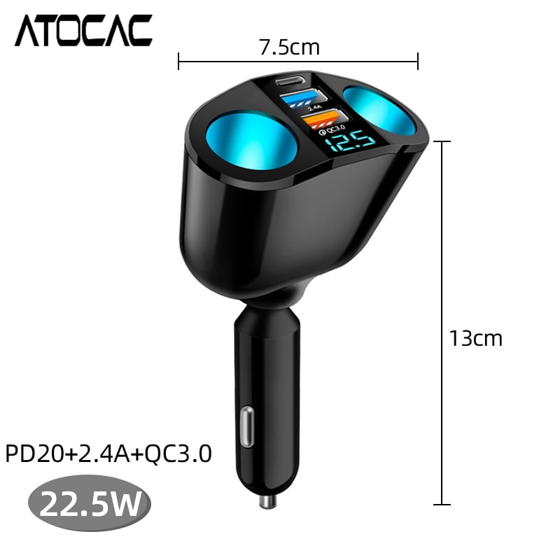 Cigarette Lighter Car Charger Dual Port USB Socket PD Type C Plug Multiport with LED Voltmeter ...
