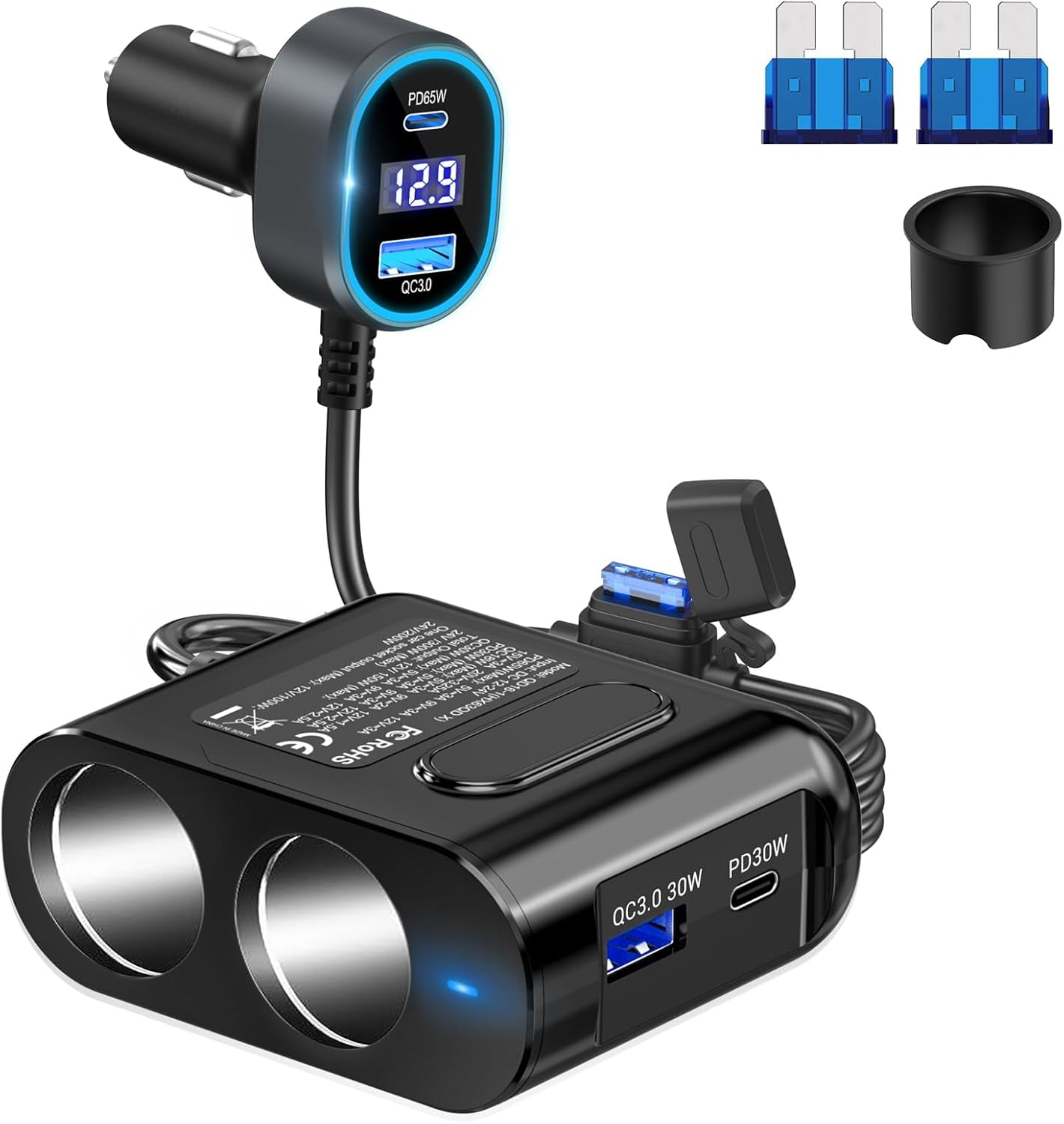 Cigarette Lighter Distributor 12V Plug 2 Sockets with PD 65W Port, Car ...