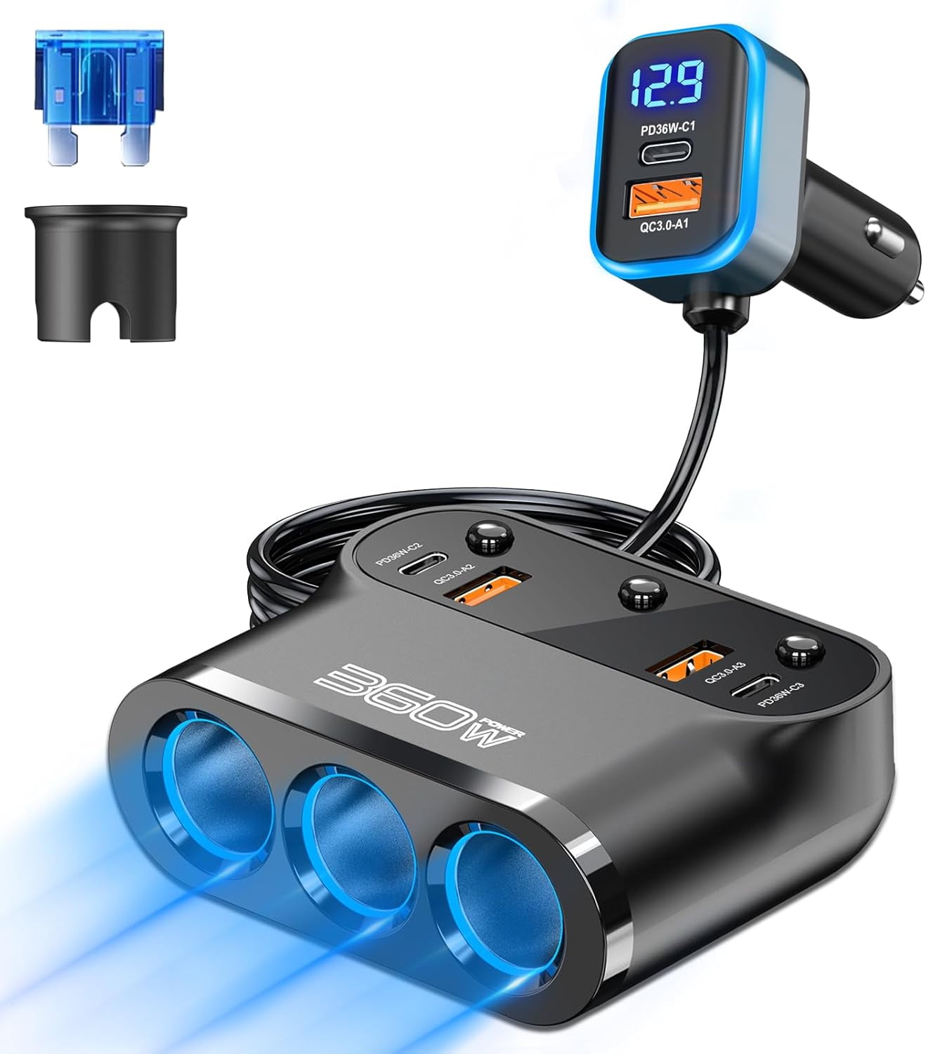 Cigarette Lighter Splitter Adapter 360W: Car 12v Splitter 3 Socket Car ...