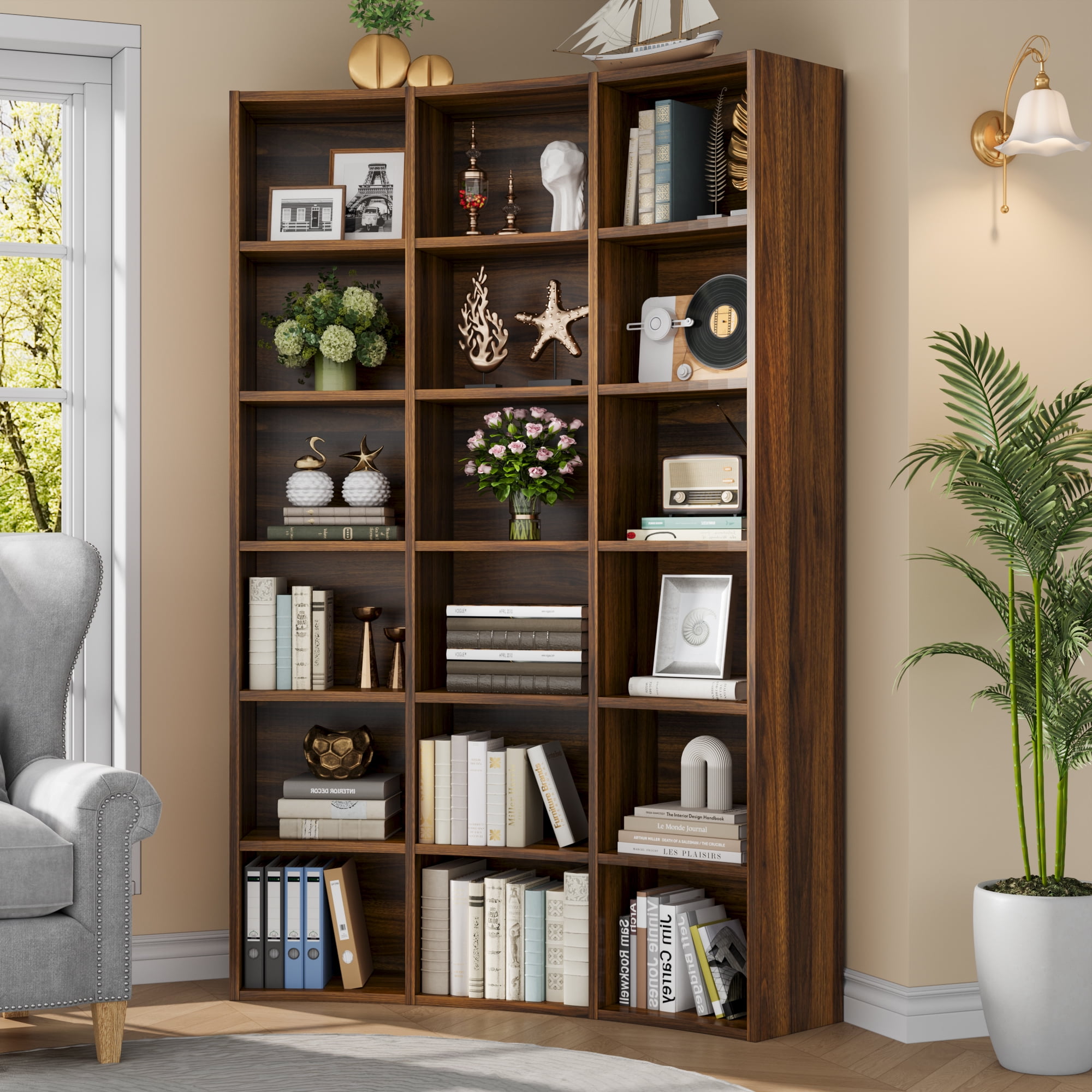 Cikuso 71" Triple Width Bookcase, 18-Cube Curved Bookshelf Corner ...