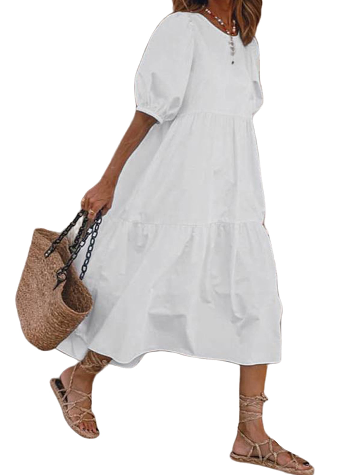 Cilcicy Women Boho Frock Loose Waist Midi Below The Knee Holiday Beach ...