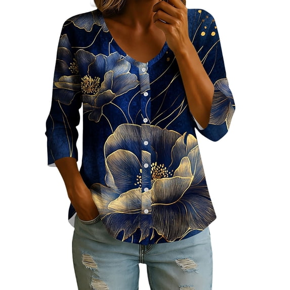 Cilsoka 3/4 Length Sleeve Womens Tops V Neck Button Down Print Shirts ...