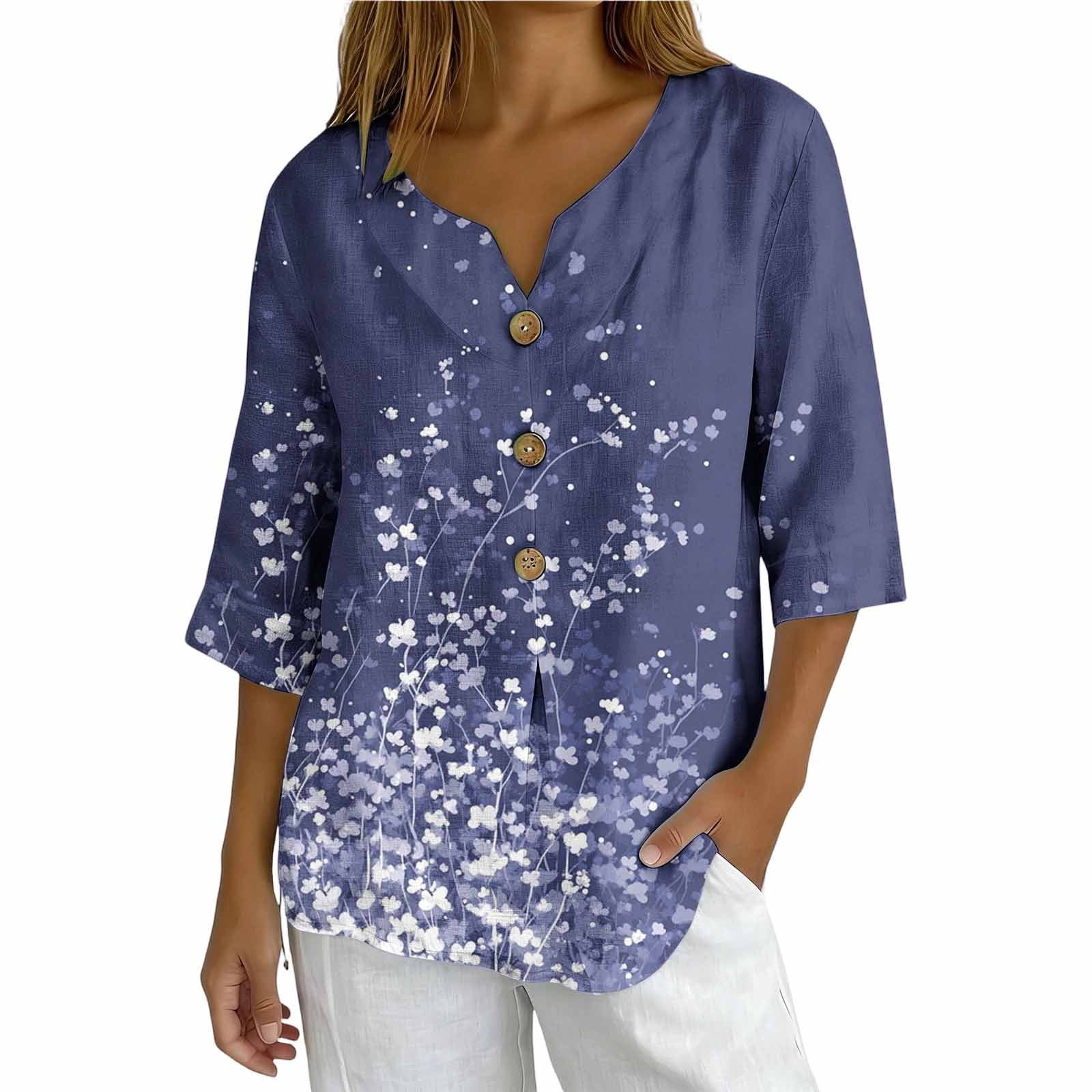 Cilsoka 3/4 Length Sleeve Womens Tops with Button Floral V Neck Dressy ...