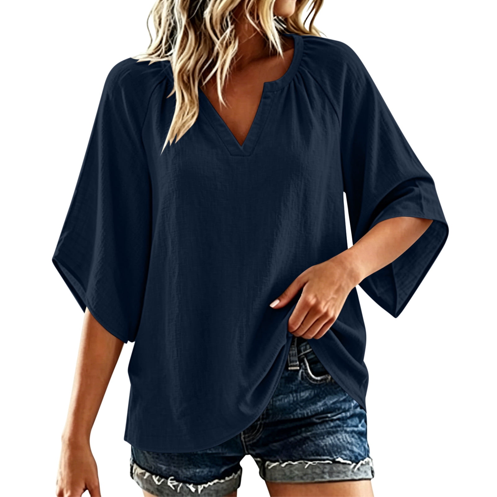 Cilsoka 3/4 Sleeve Tops for Women Casual V Neck Linen Shirt Loose Fit ...
