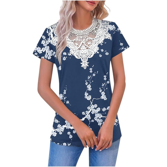 Cilsoka Graphic Tees for Women V Neck Lace Summer Tops Floral Print ...