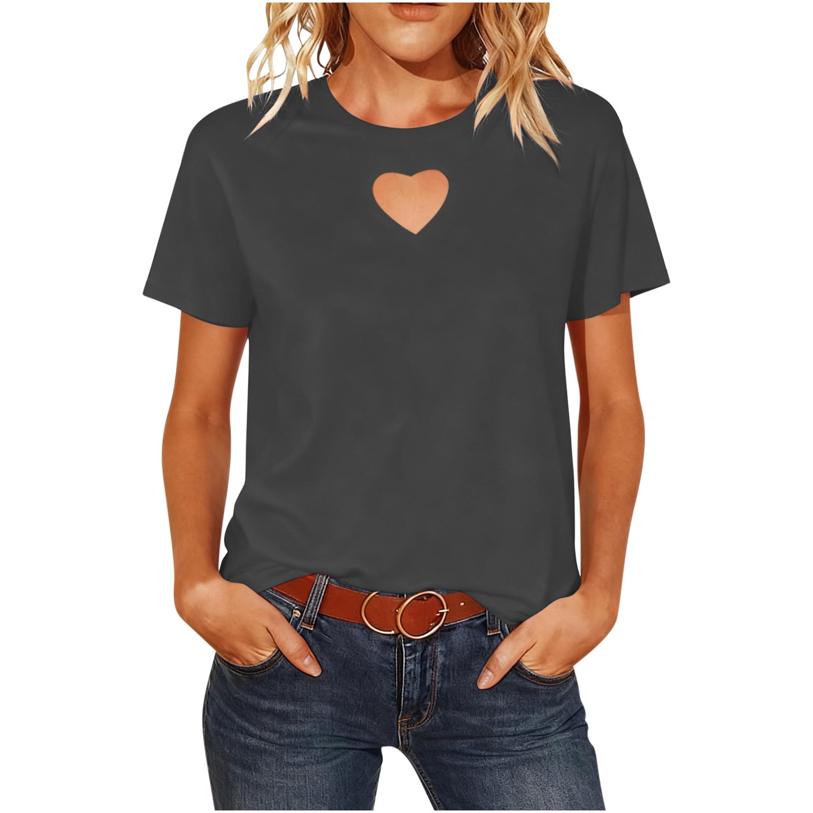 Cilsoka Heart Shape Cut Out Short Sleeve Shirt Women Tops and Blouses ...