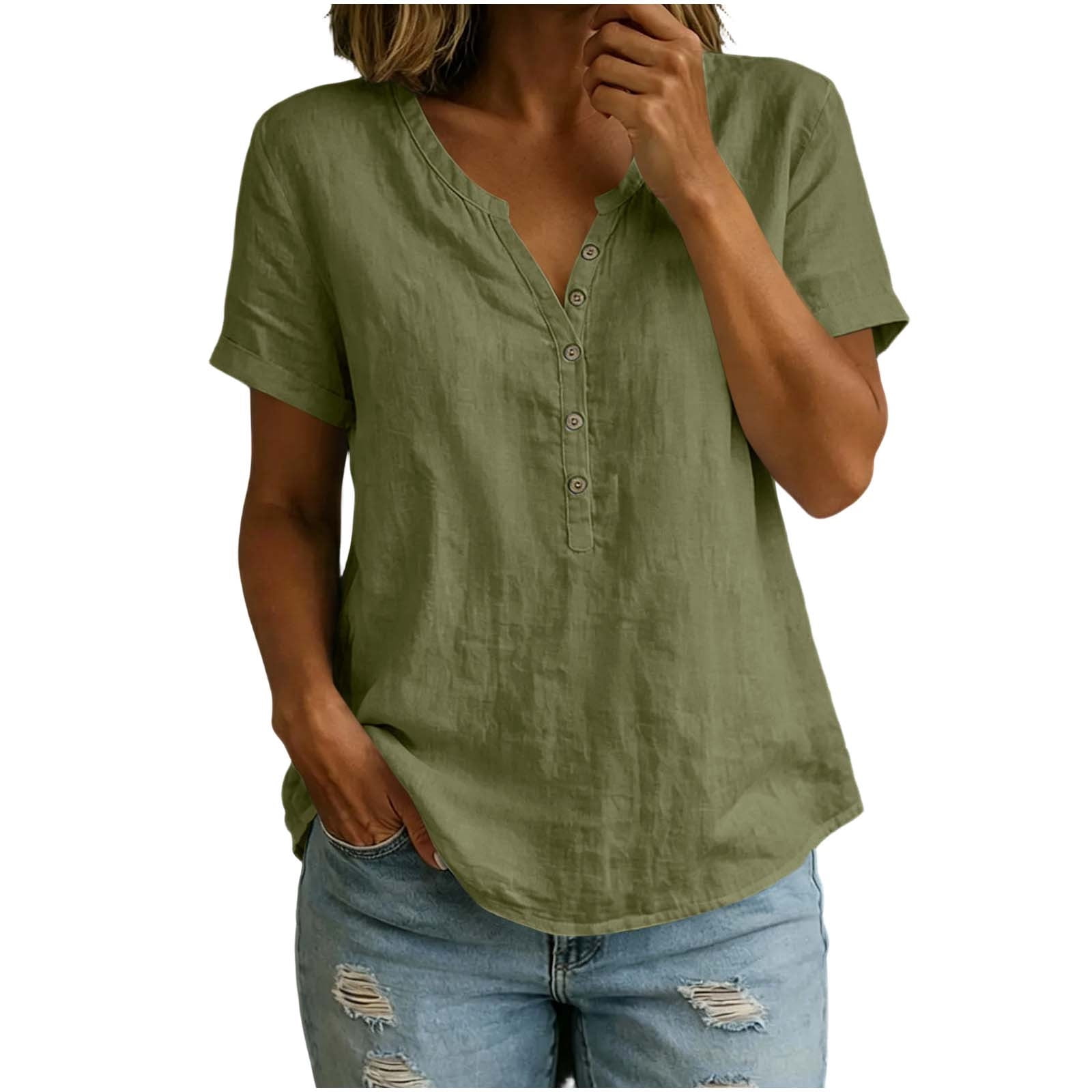 Cilsoka Linen Tops for Women Summer Plus Size Gauze Shirts Short Sleeve ...