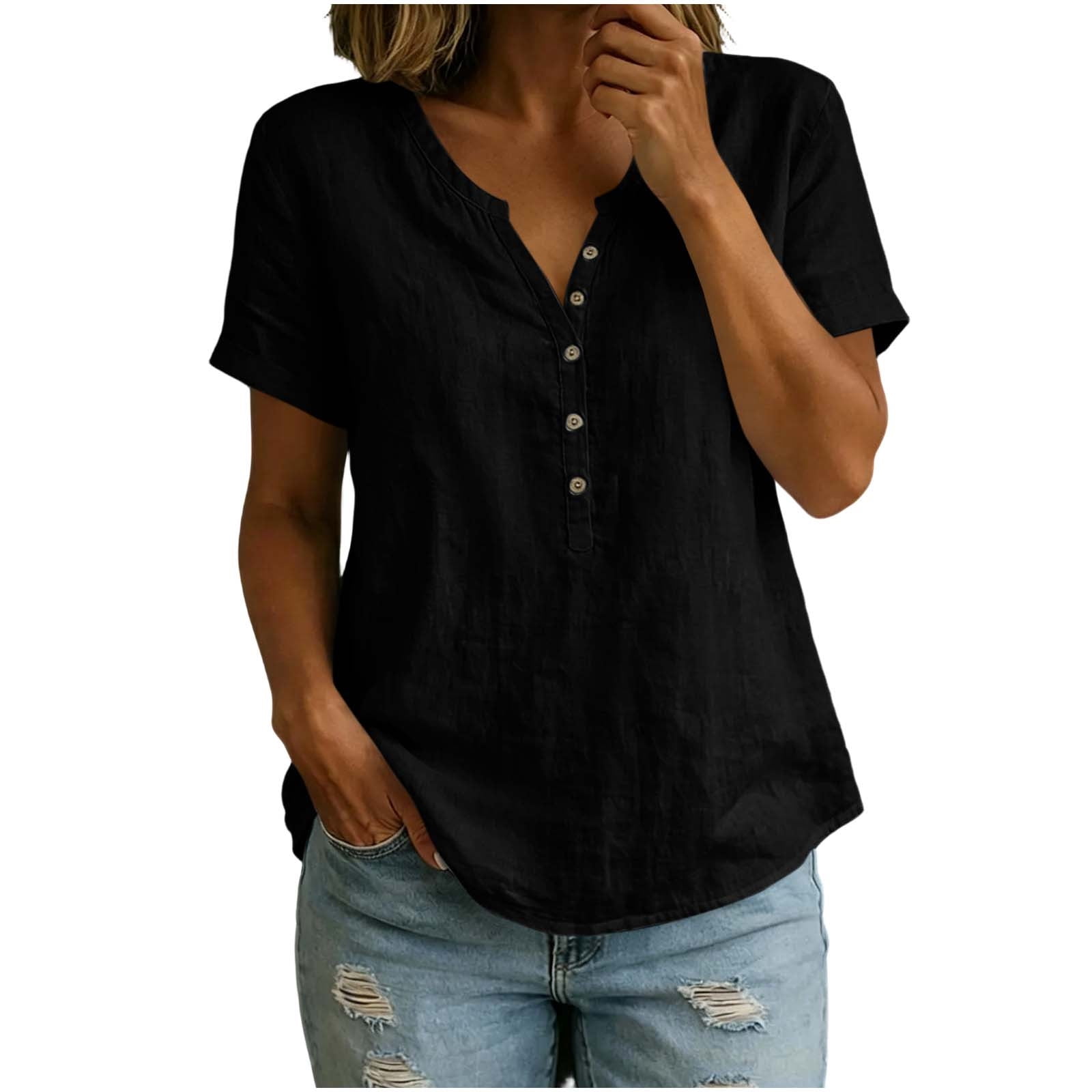 Cilsoka Linen Tops for Women Summer Plus Size Gauze Shirts Short Sleeve ...