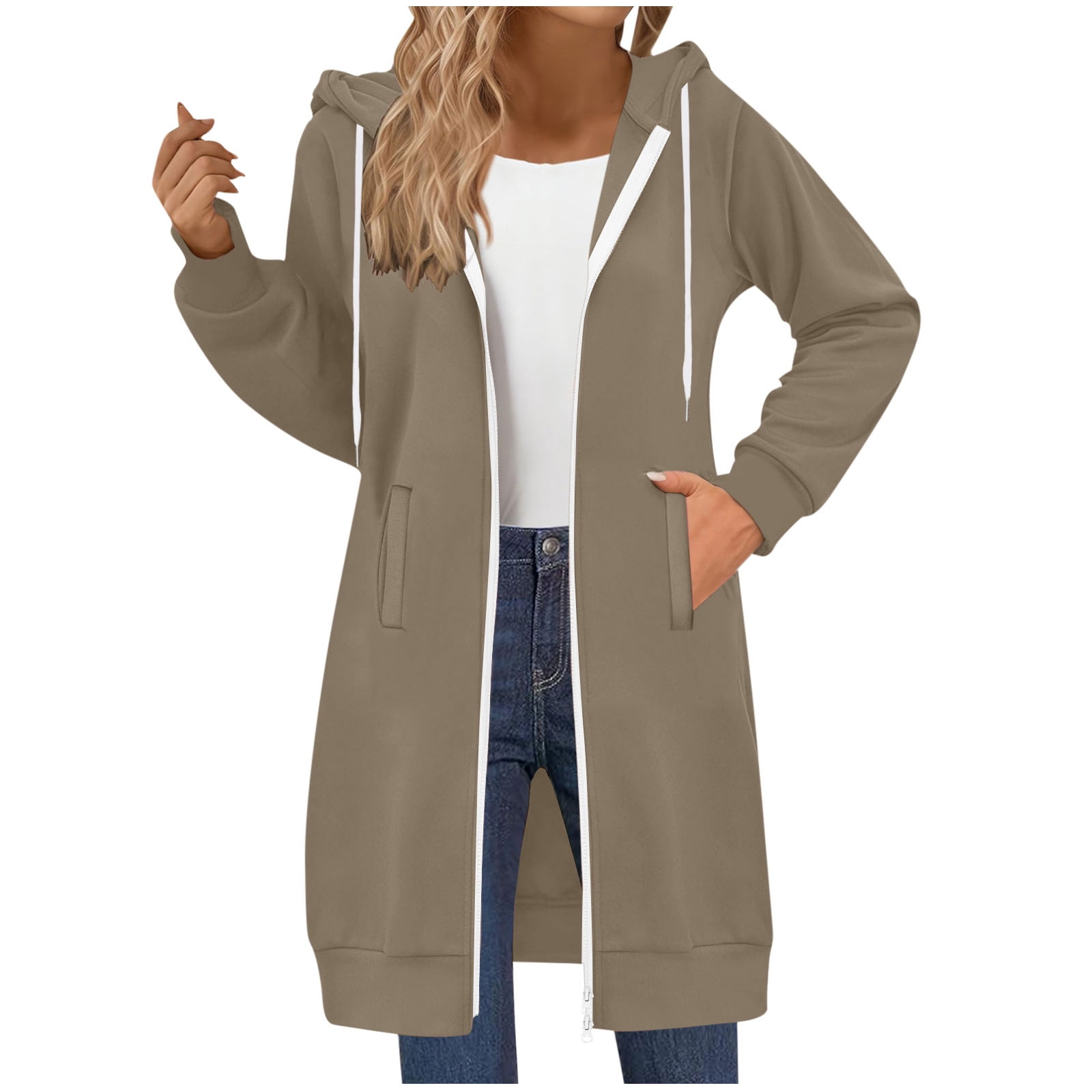 Cilsoka Long Hoodies for Women Double Zipper Fleece Jacket Women's Fall ...