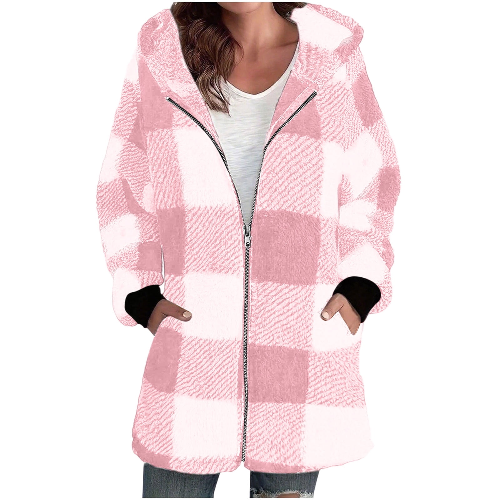 Cilsoka Plaid Flannel Jacket Women Casual Sherpa Lined Zip up Hooded ...
