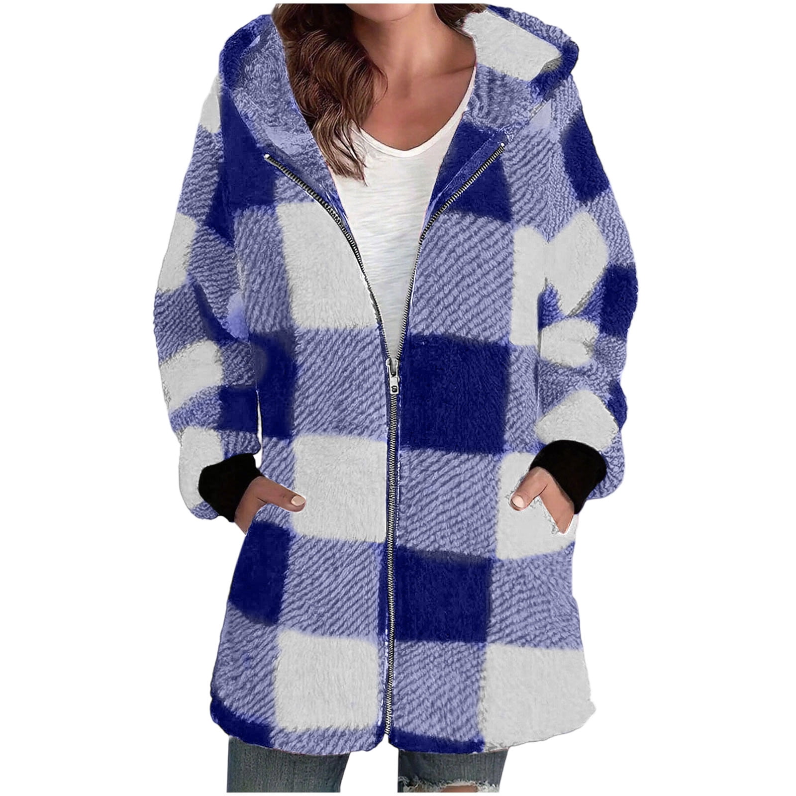 Cilsoka Plaid Flannel Jacket Women Casual Sherpa Lined Zip up Hooded ...