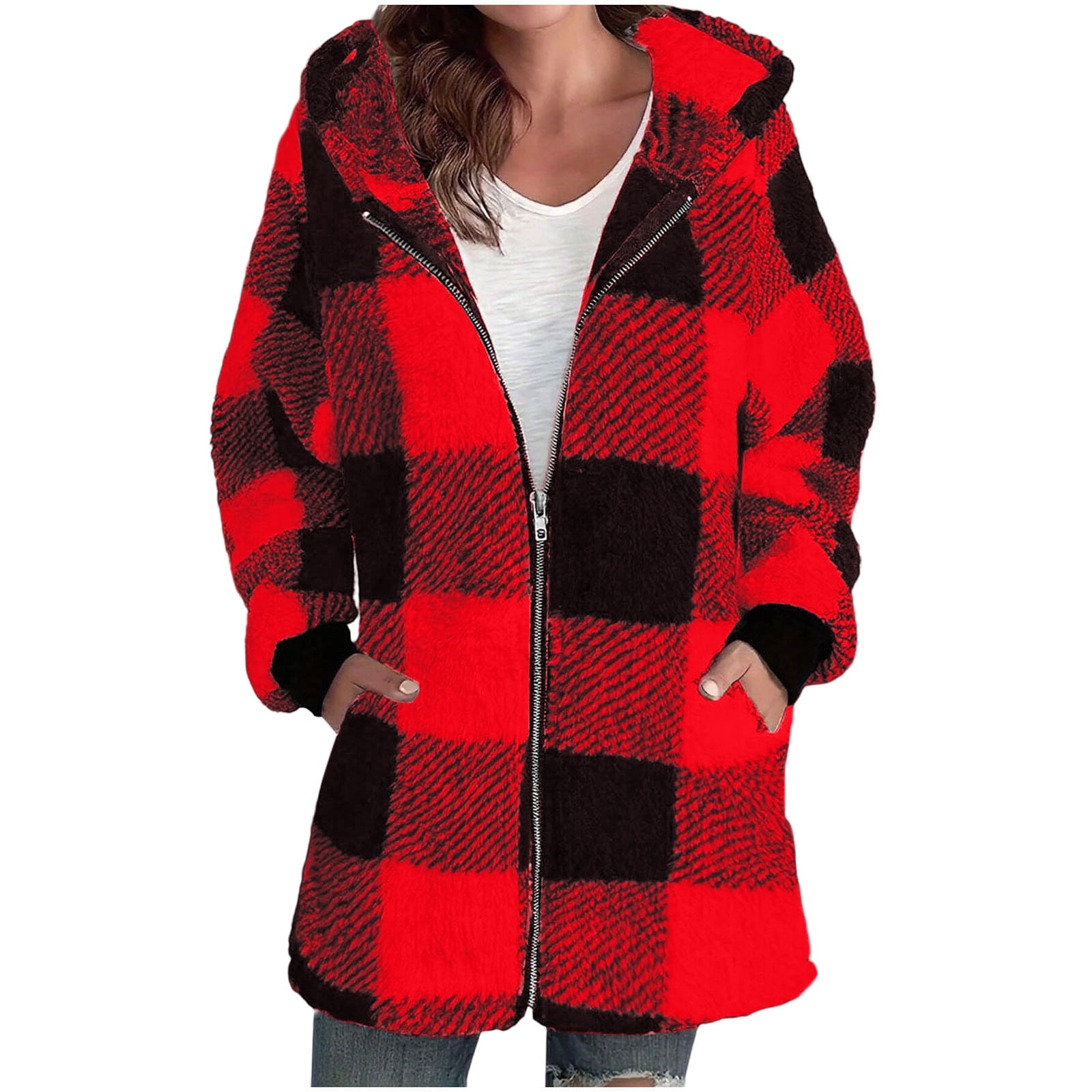 Cilsoka Plaid Flannel Jacket Women Casual Sherpa Lined Zip up Hooded ...