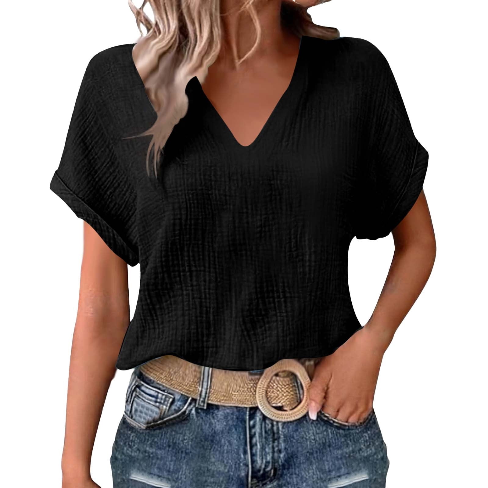 Cilsoka Summer Linen Shirts for Women V Neck Blouses Roll Short Sleeves ...