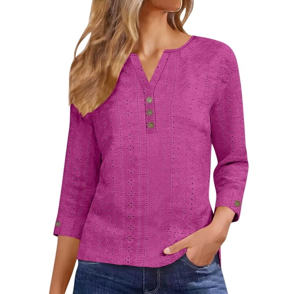 Cilsoka Women Tops Summer 3/4 Sleeve Eyelet T Shirts V Neck Button Down ...