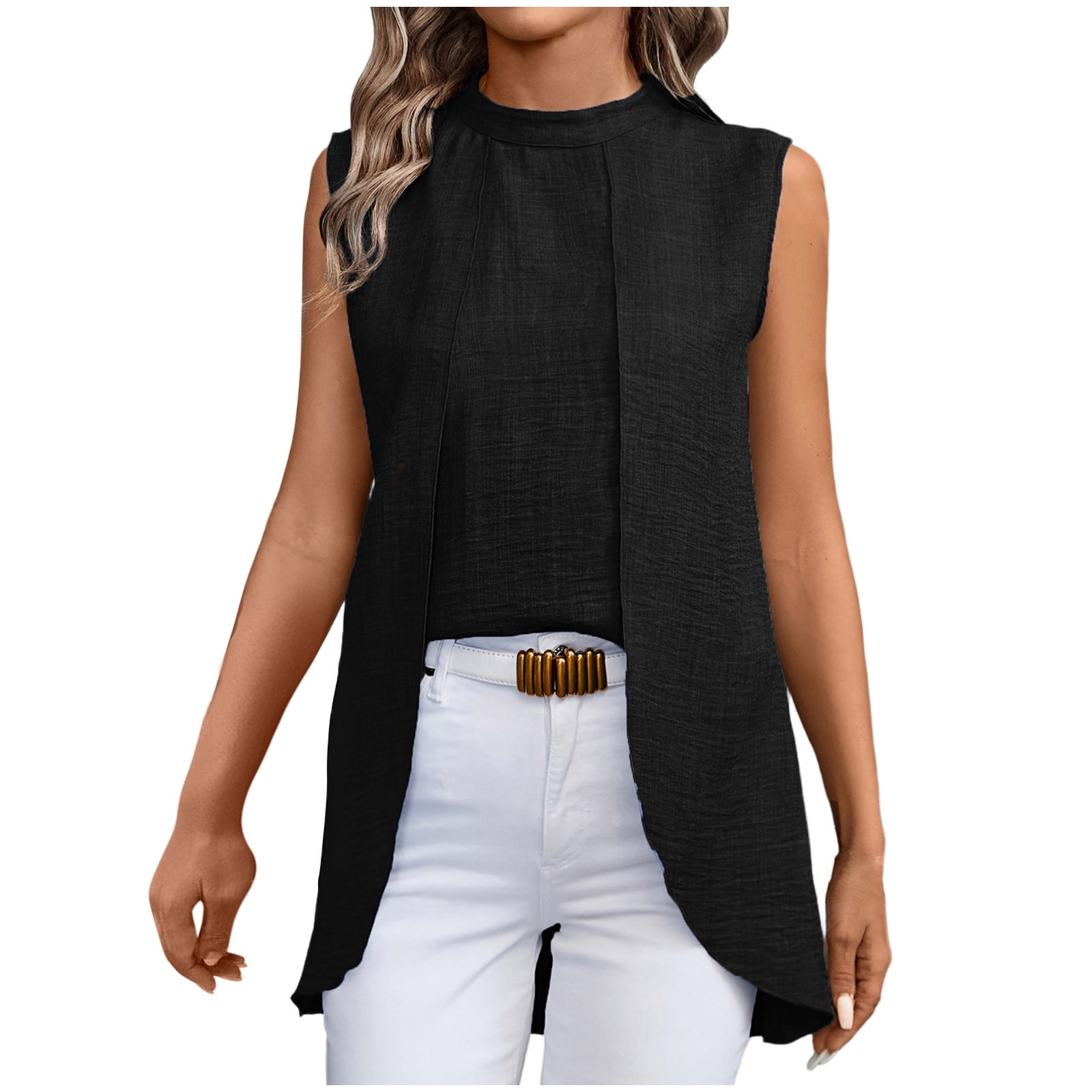 Cilsoka Women's Asymmetrical Hem Sleeveless Blouse Mock Neck Office ...